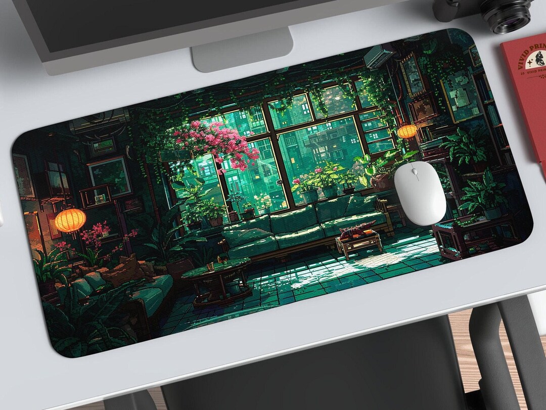 Pixelated Anime Botanical Desk Mat & Mouse Pad Set Large Gaming ...