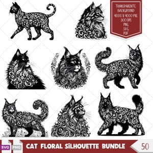 Cat Silhouette SVG Bundle 50 Floral Cat Breeds Vectors, Black Cat Svgs for Crafting ...