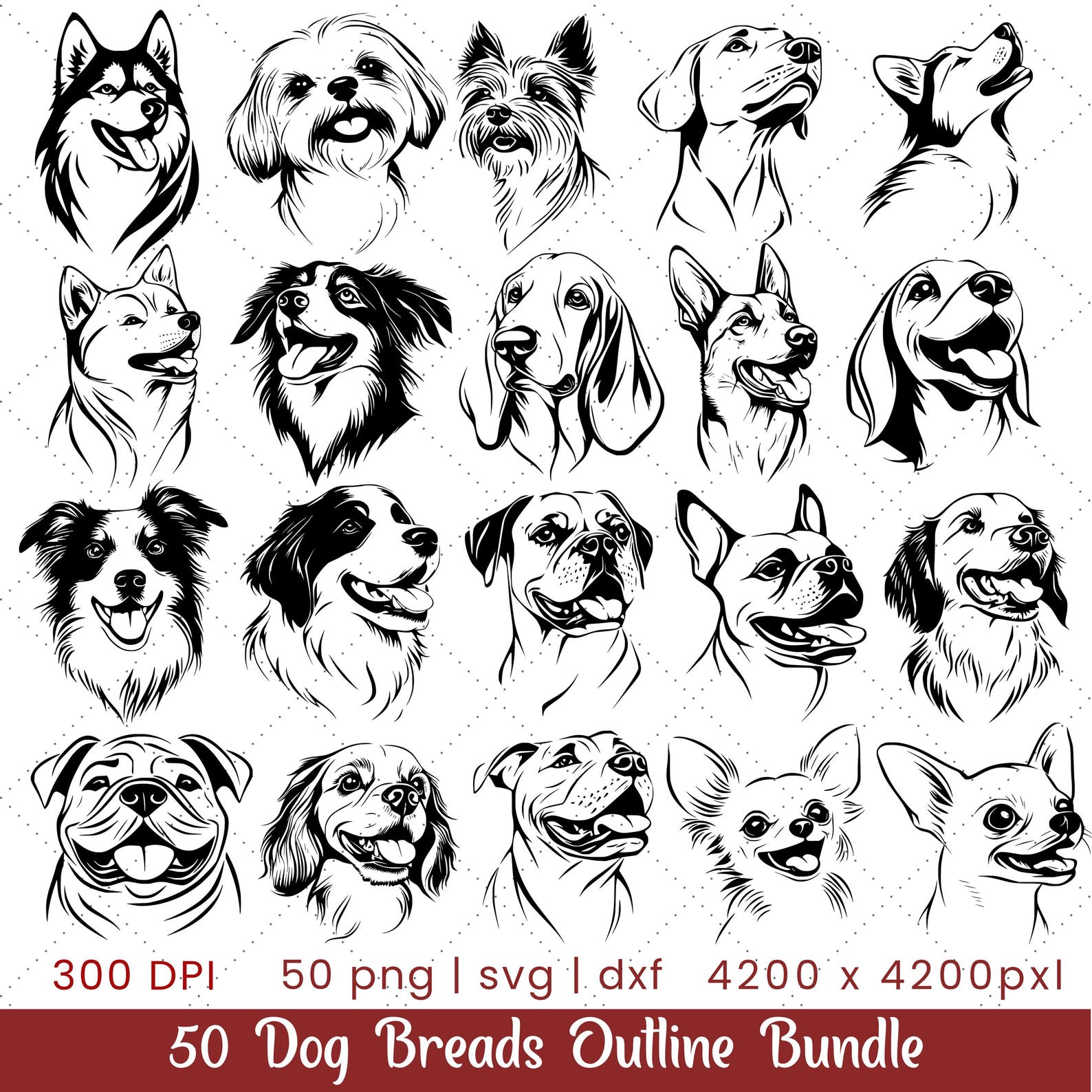 50 Dog Breeds SVG Bundle – Dog Silhouette & Face Vector for Cricut ...