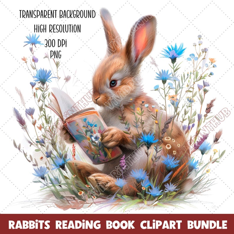 Cute Bunny Reading Clipart Bundle 20 PNG Files for Teaching Aids Book ...