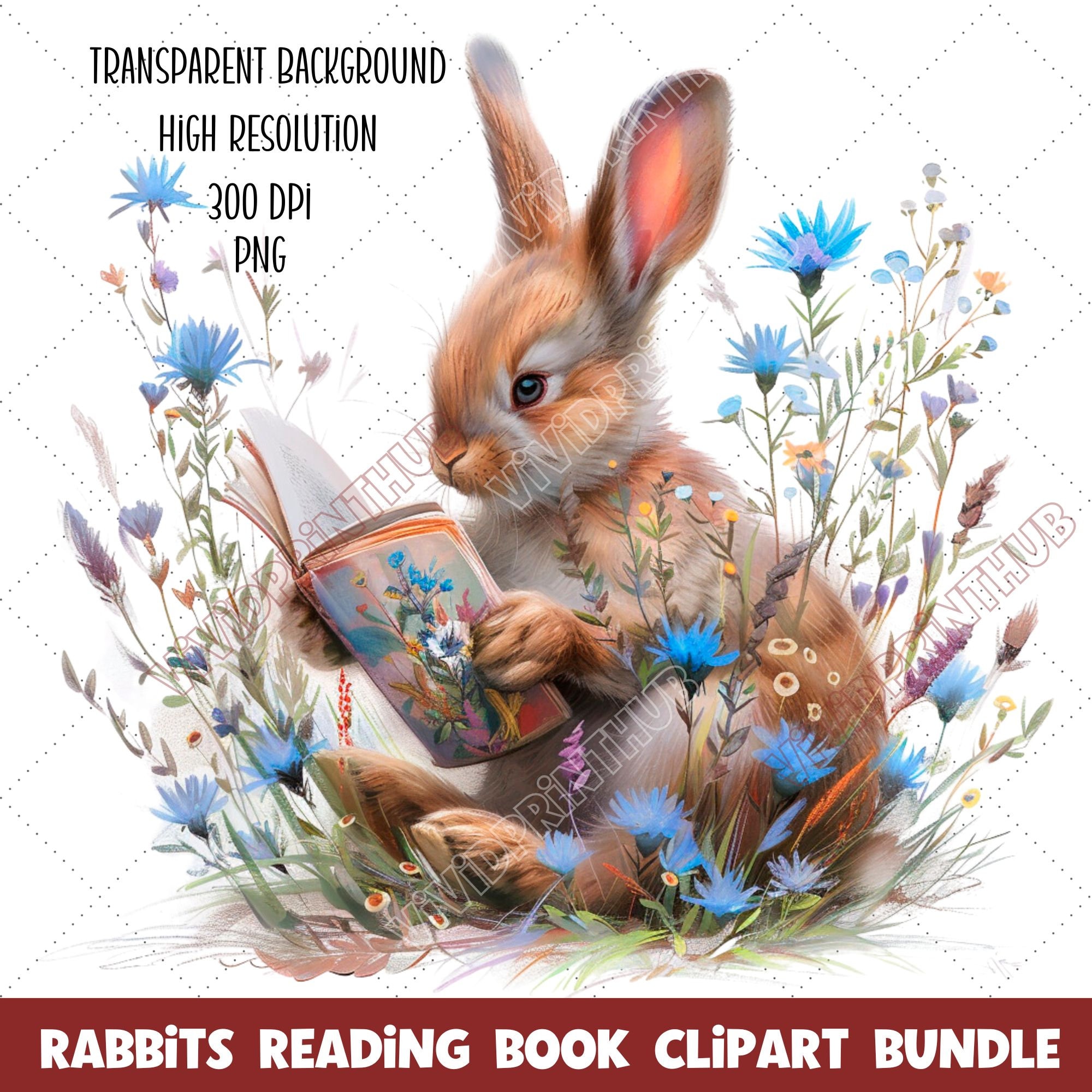 Cute Bunny Reading Clipart Bundle. 20 PNG Files. Bunny PNG Files for ...