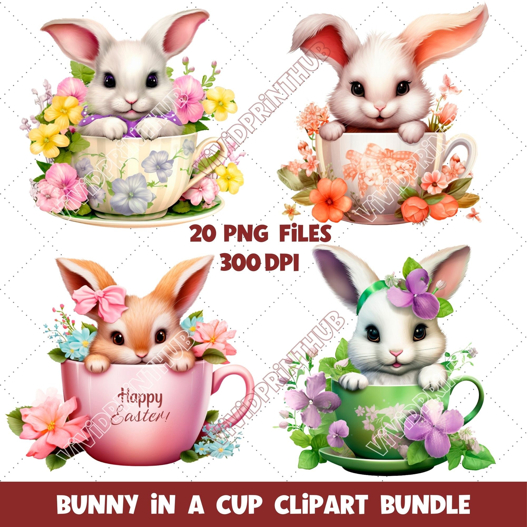 Adorable Bunny in a Cup Clipart Bundle Charming Easter Rabbit ...