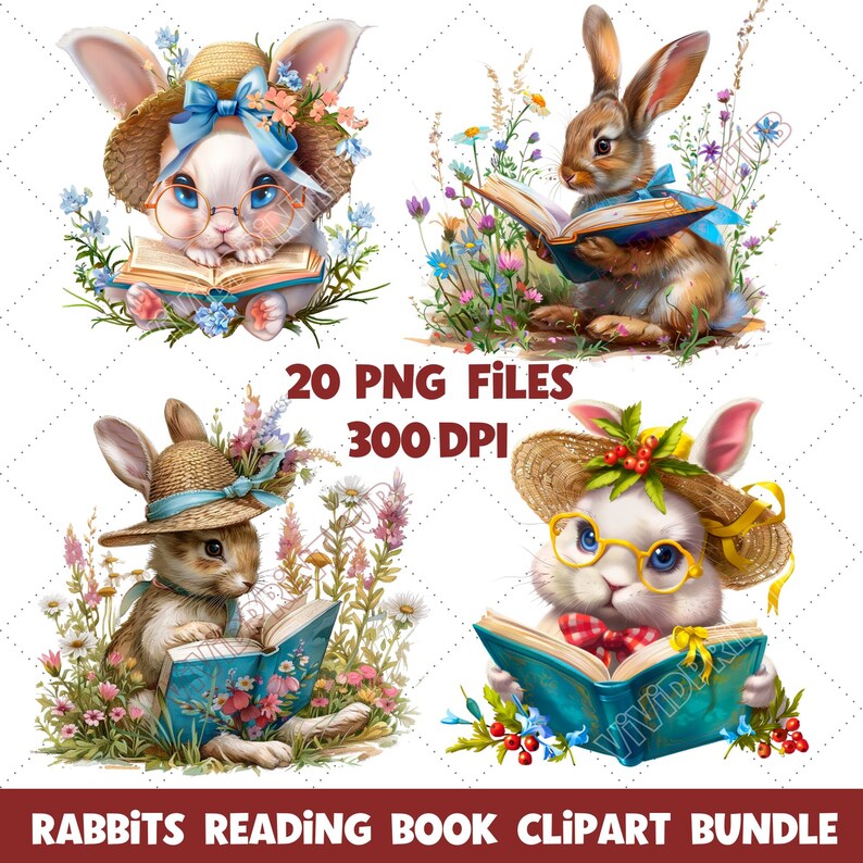 Cute Bunny Reading Clipart Bundle 20 PNG Files for Teaching Aids Book ...
