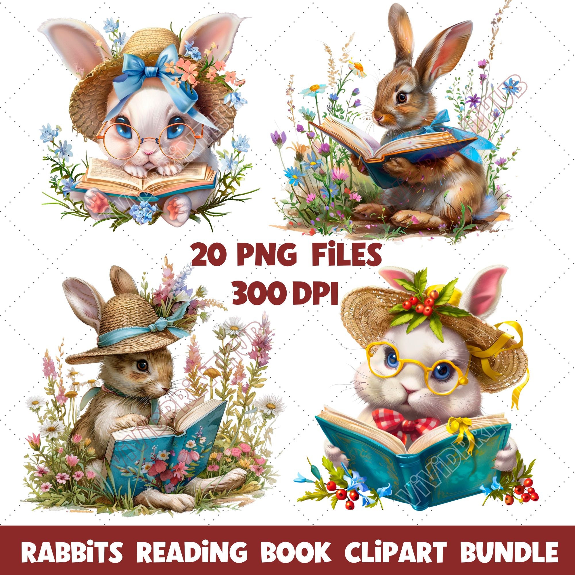 Cute Bunny Reading Clipart Bundle. 20 PNG Files. Bunny PNG Files for ...