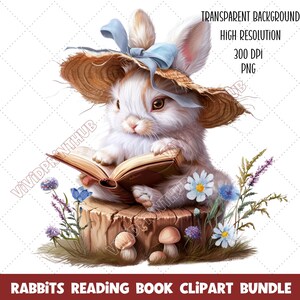 Cute Bunny Reading Clipart Bundle 20 PNG Files for Teaching Aids Book ...