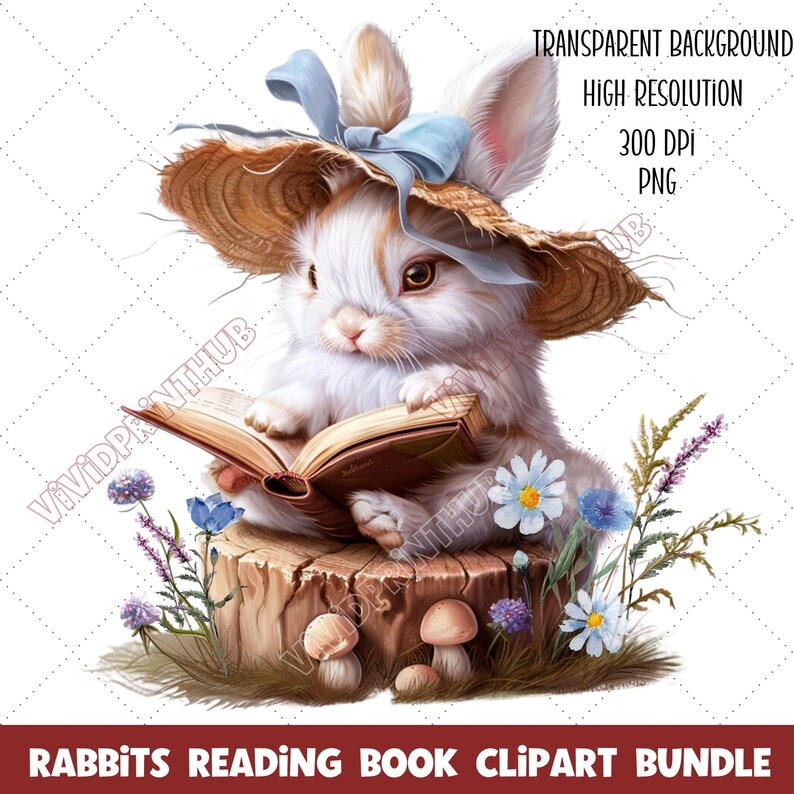 Cute Bunny Reading Clipart Bundle. 20 PNG Files. Bunny PNG Files for ...
