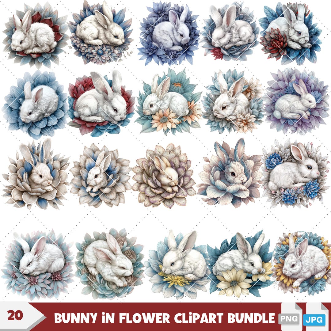 Easter Bunny Clipart Bundle 20 Spring Floral Bunny Designs for Easter ...