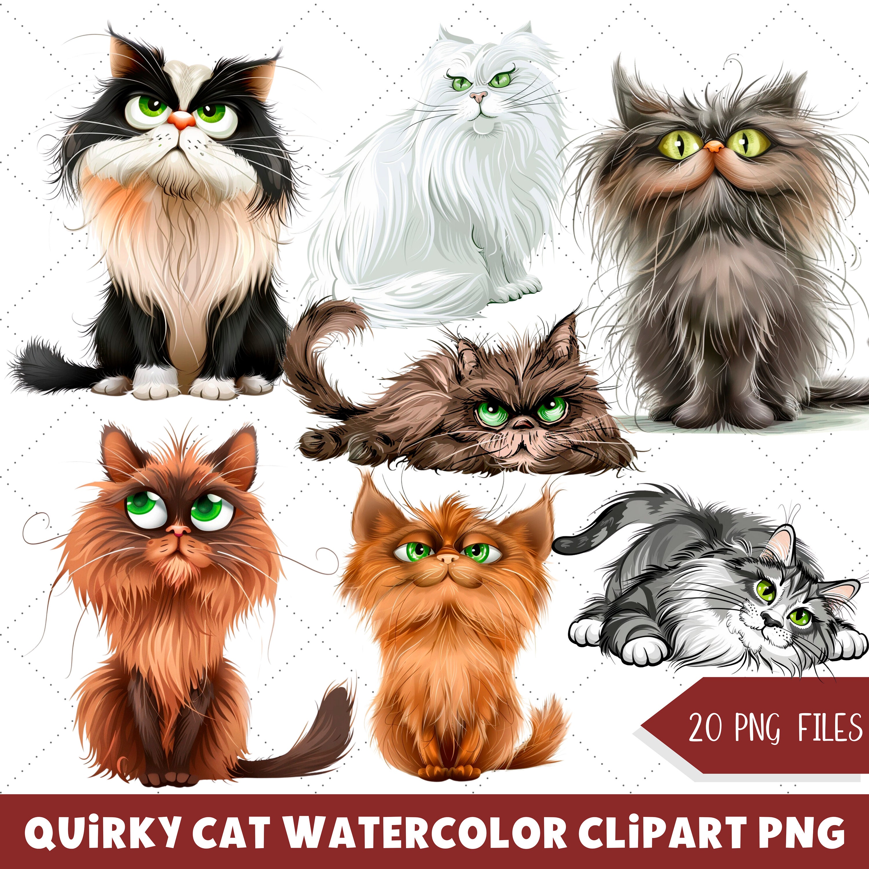 Quirky Cat Png, Adorable Watercolor Clipart Set for Printable Crafts ...