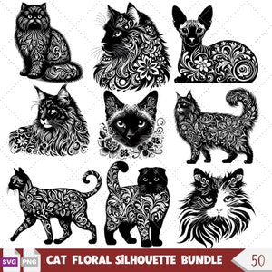 Cat Silhouette SVG Bundle 50 Floral Cat Breeds Vectors, Black Cat Svgs for Crafting ...