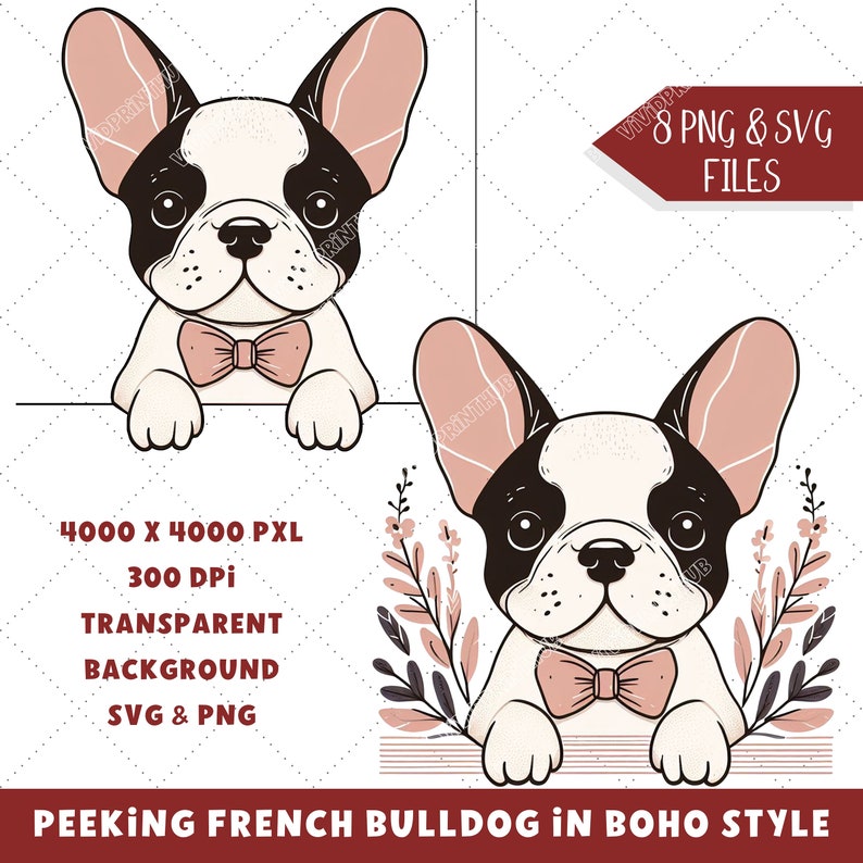 Peeking French Bulldog Boho Style, 8 PNG & SVG Files, Digital Download ...