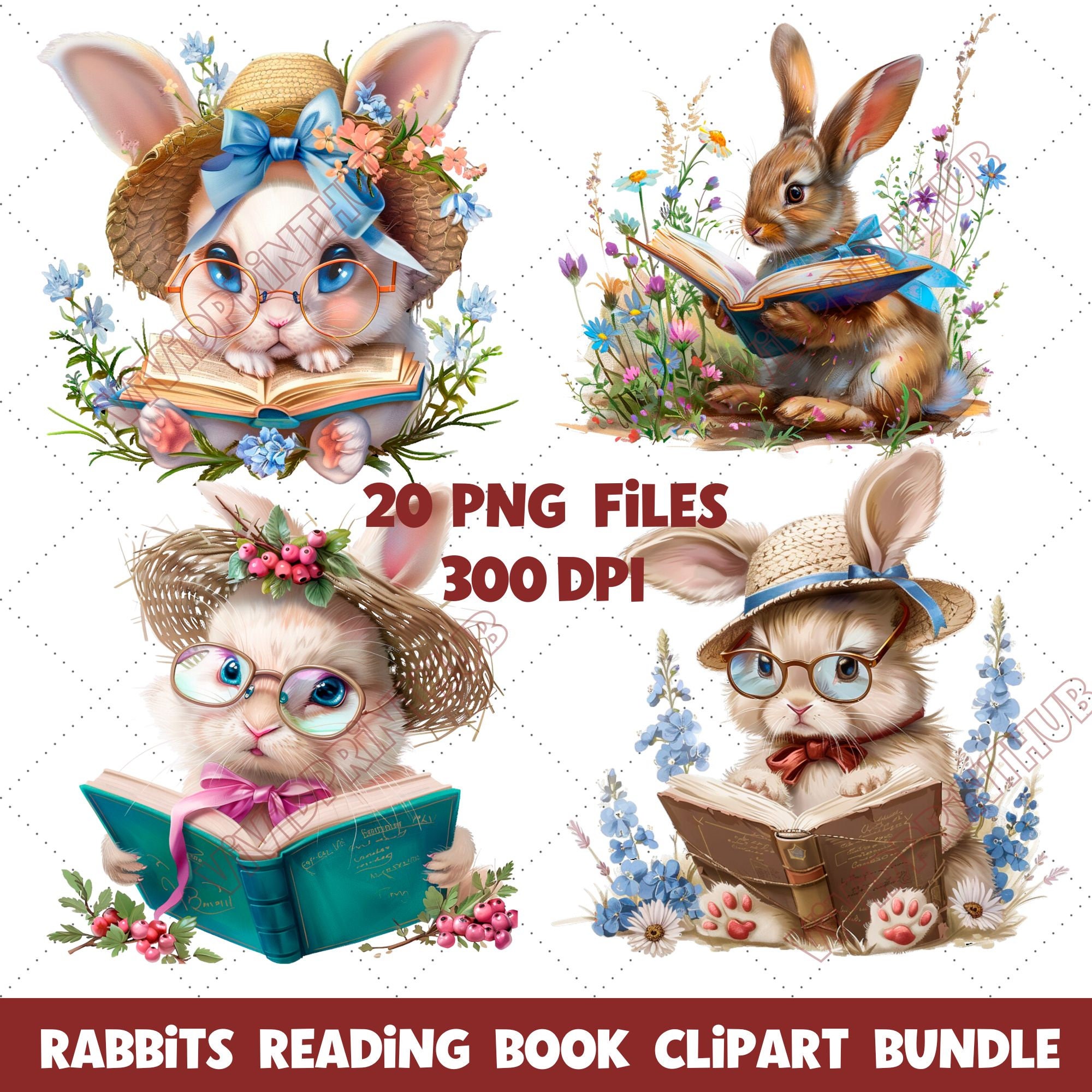 Cute Bunny Reading Clipart Bundle 20 PNG Files for Teaching Aids Book ...