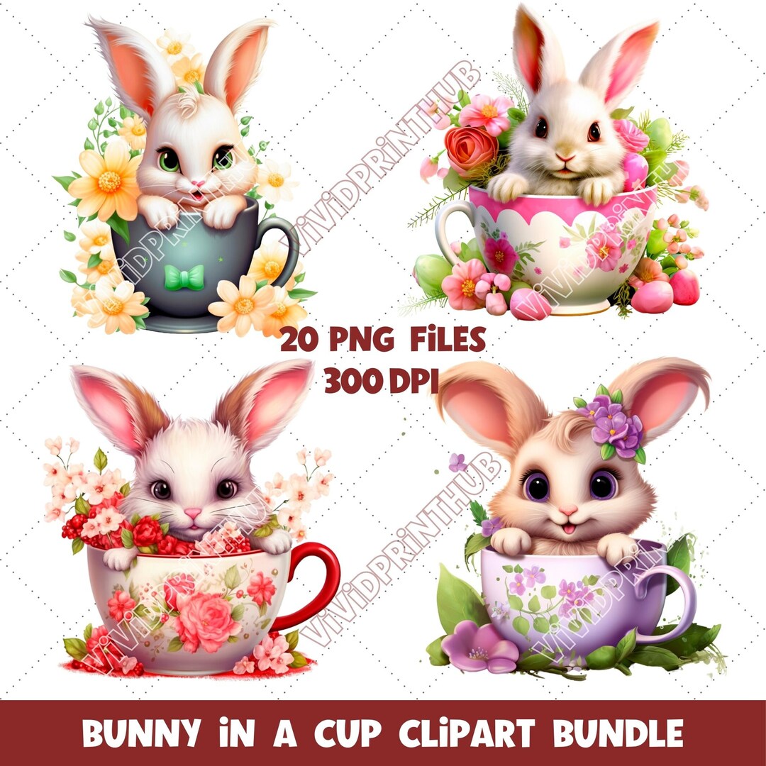 Adorable Bunny in a Cup Clipart Bundle Charming Easter Rabbit ...