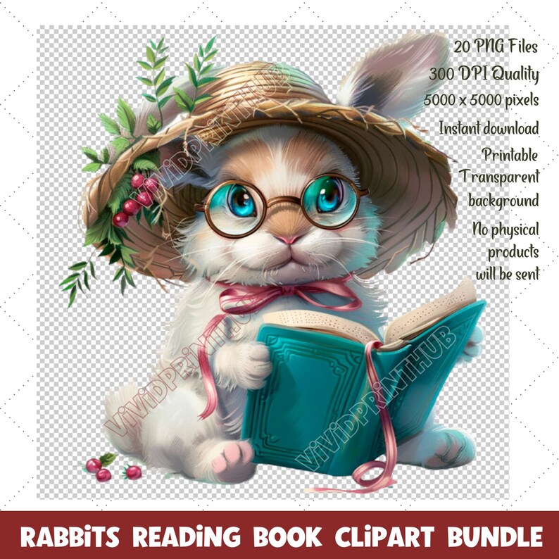Cute Bunny Reading Clipart Bundle 20 PNG Files for Teaching Aids Book ...