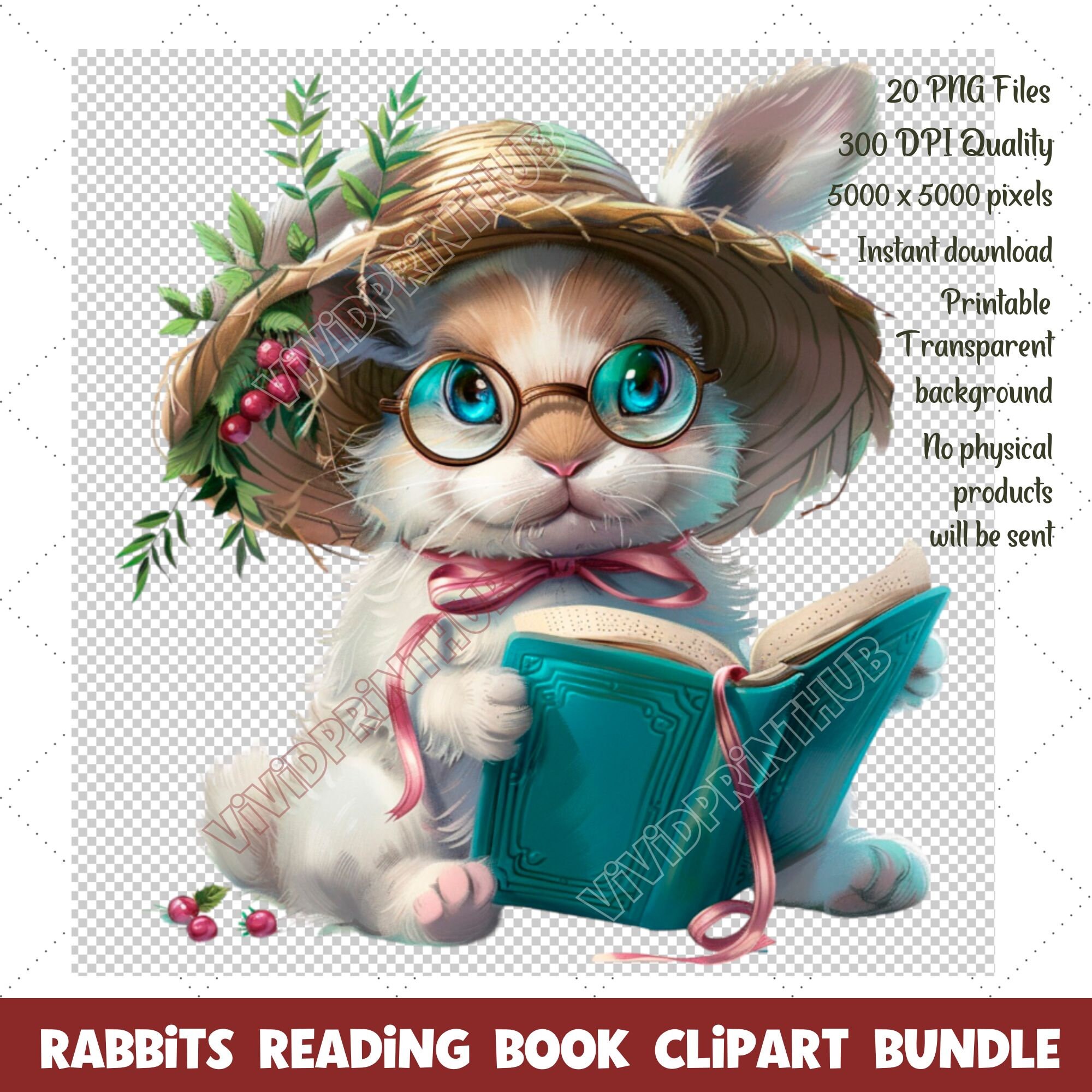 Cute Bunny Reading Clipart Bundle. 20 PNG Files. Bunny PNG Files for ...