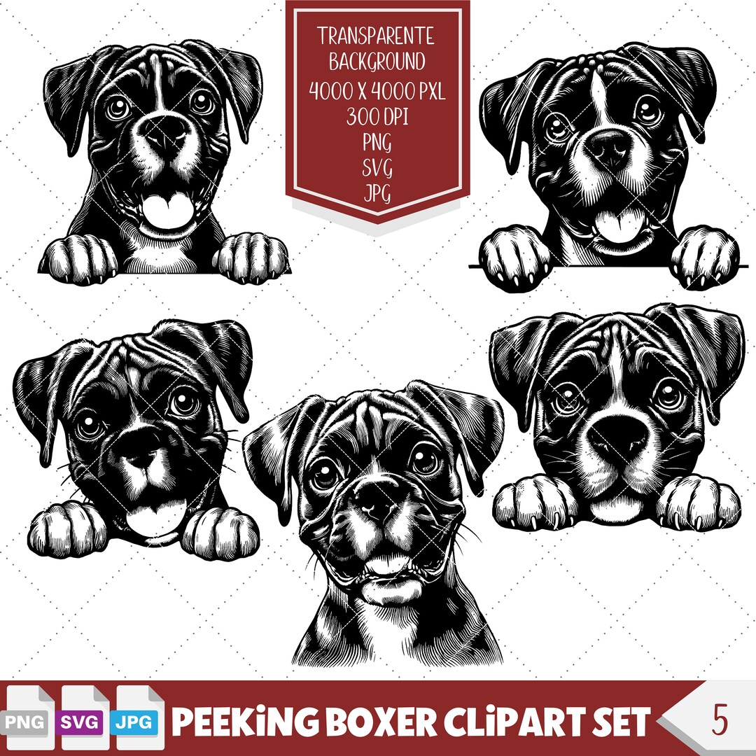 Boxer Dog Clipart Set SVG, Peeking Dog Silhouette for Laser Engraving ...