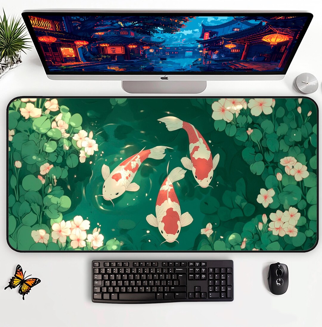 Koi Fish Japanese Desk Mat – Lo-fi Gaming Mousepad, Kawaii Fish Print ...