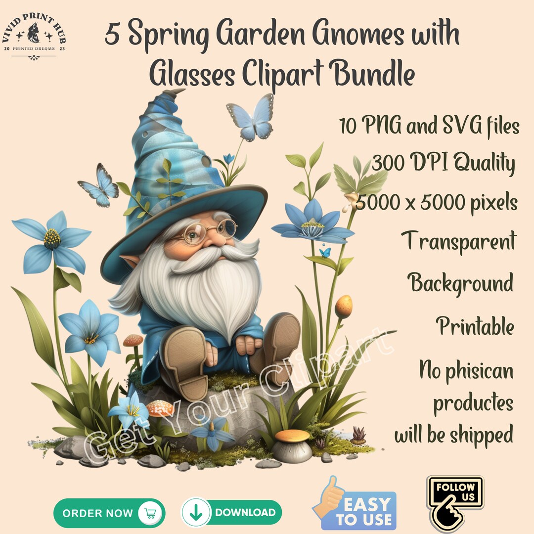 Spring Garden Gnome With Glasses Clipart Bundle. 5 Easter Gnomes ...
