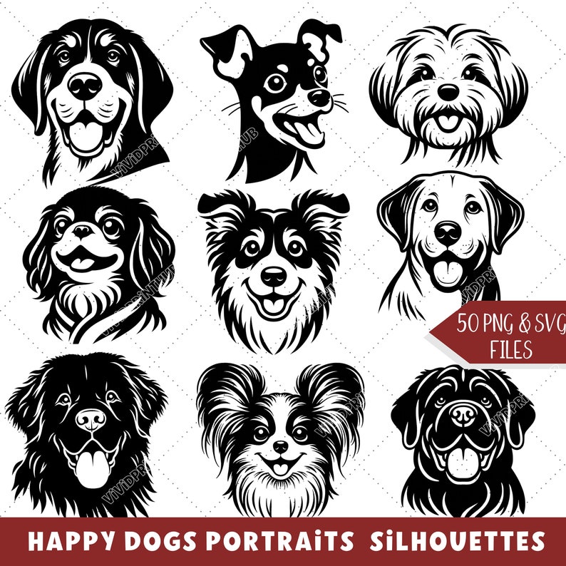 Dog Breeds SVG Bundle: 50 Happy Dog Silhouettes, Vector Art, Laser Cut ...