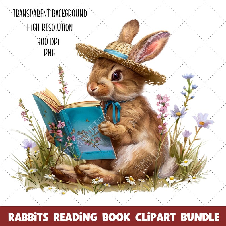 Cute Bunny Reading Clipart Bundle 20 PNG Files for Teaching Aids Book ...