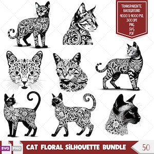 Cat Silhouette SVG Bundle 50 Floral Cat Breeds Vectors, Black Cat Svgs for Crafting ...