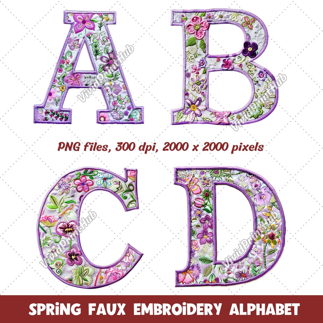 Spring Floral Alphabet - Lavender Faux Embroidery Letters, Floral ...