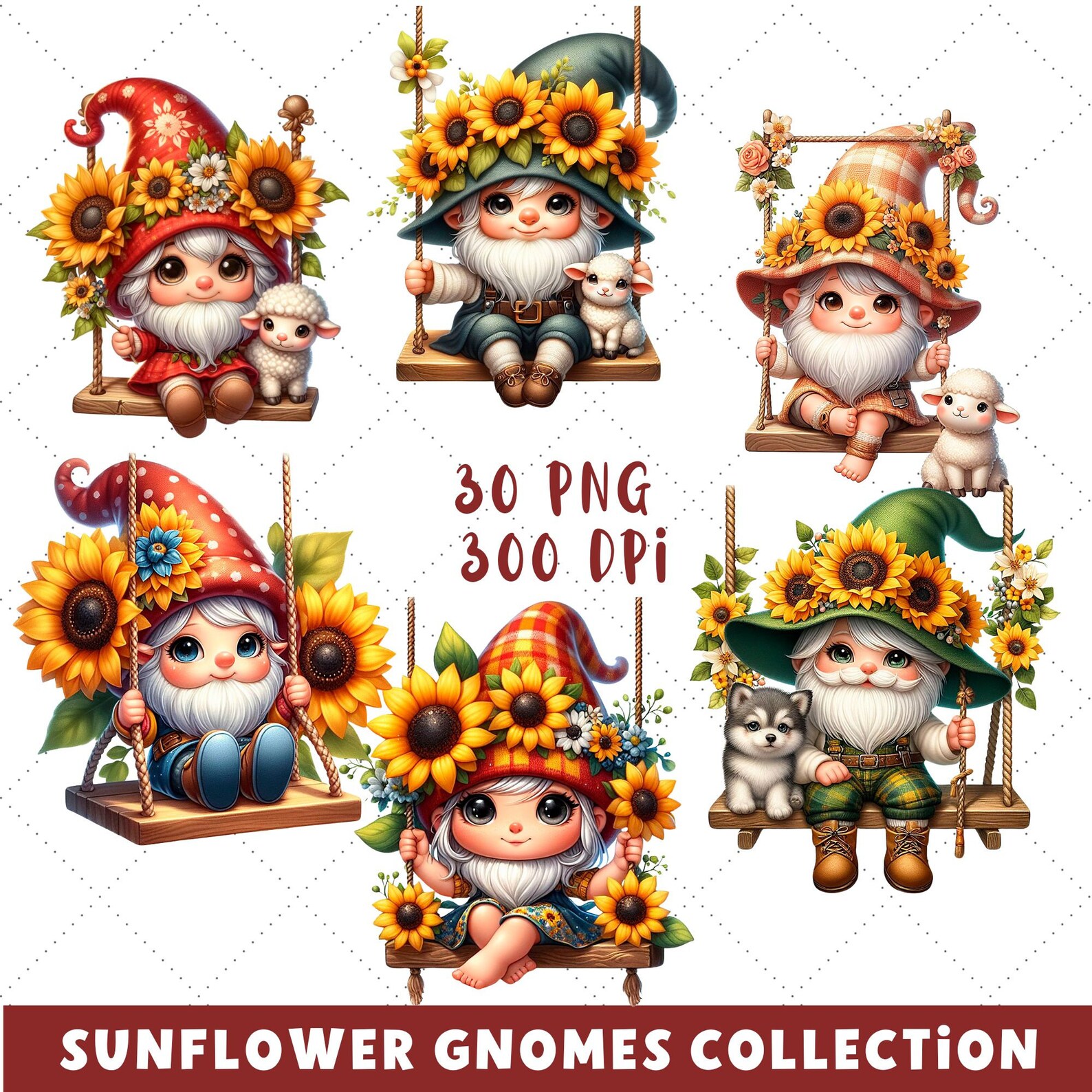 Adorable Watercolor Sunflower Gnome Clipart Bundle 30 Transparent Pngs ...