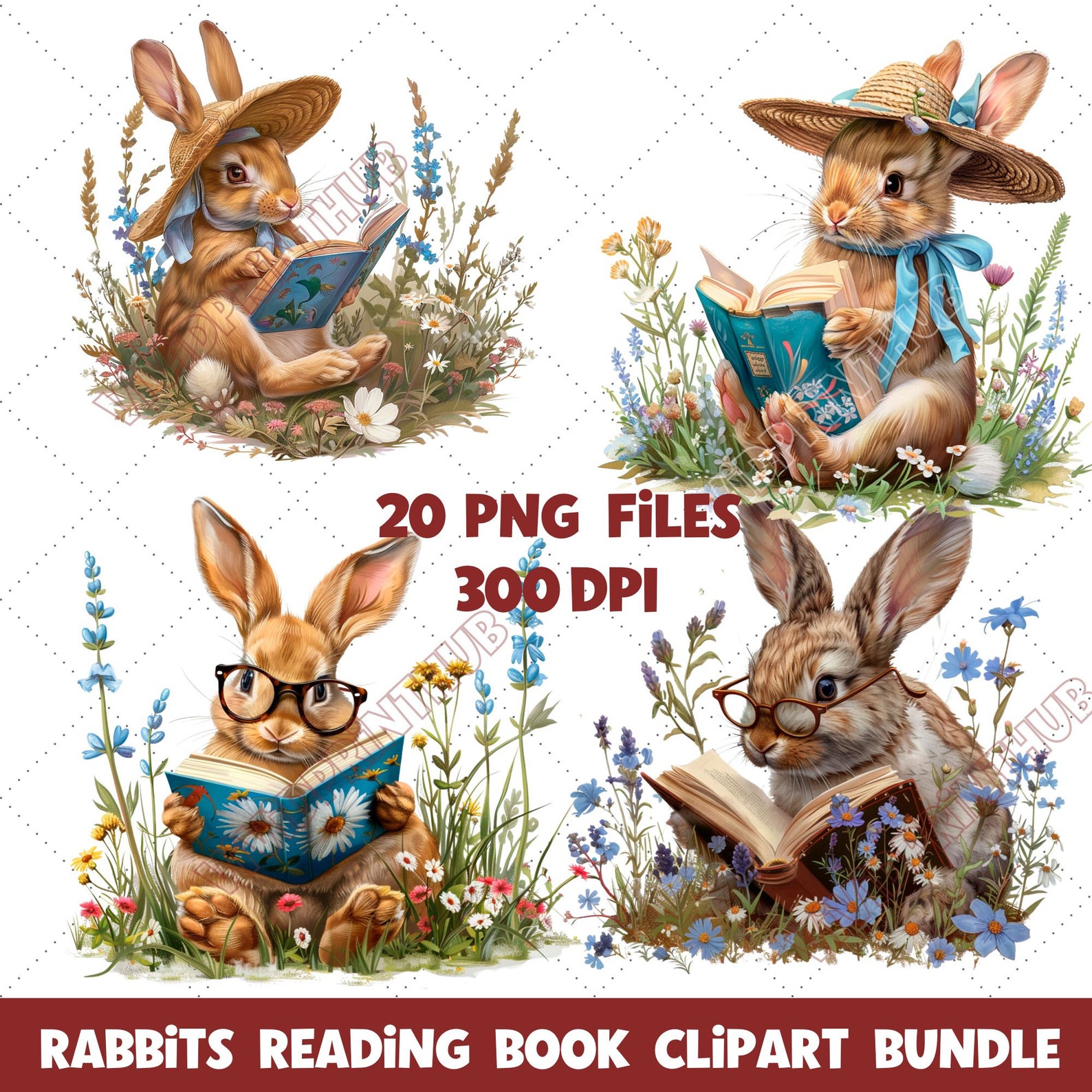 Cute Bunny Reading Clipart Bundle 20 PNG Files for Teaching Aids Book ...