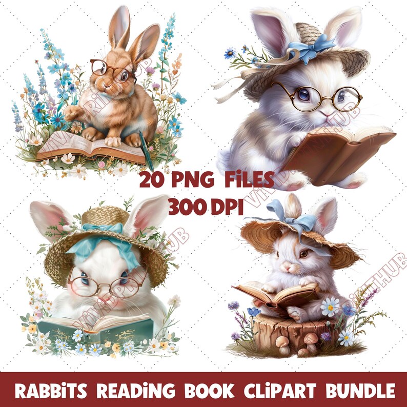 Cute Bunny Reading Clipart Bundle 20 PNG Files for Teaching Aids Book ...