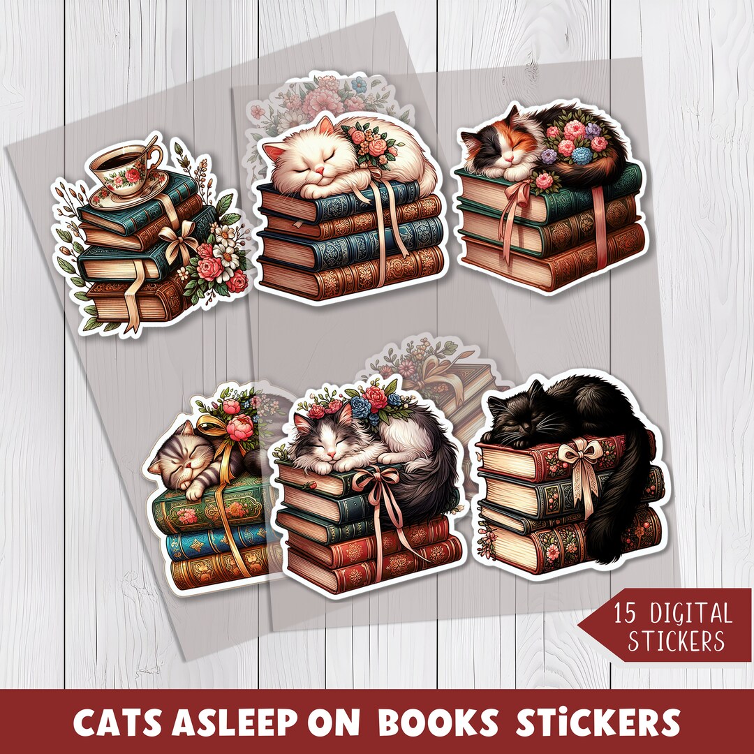 Sleepy Cats on Books Stickers – Printable Bookish PNG Set (15 Files) - Etsy