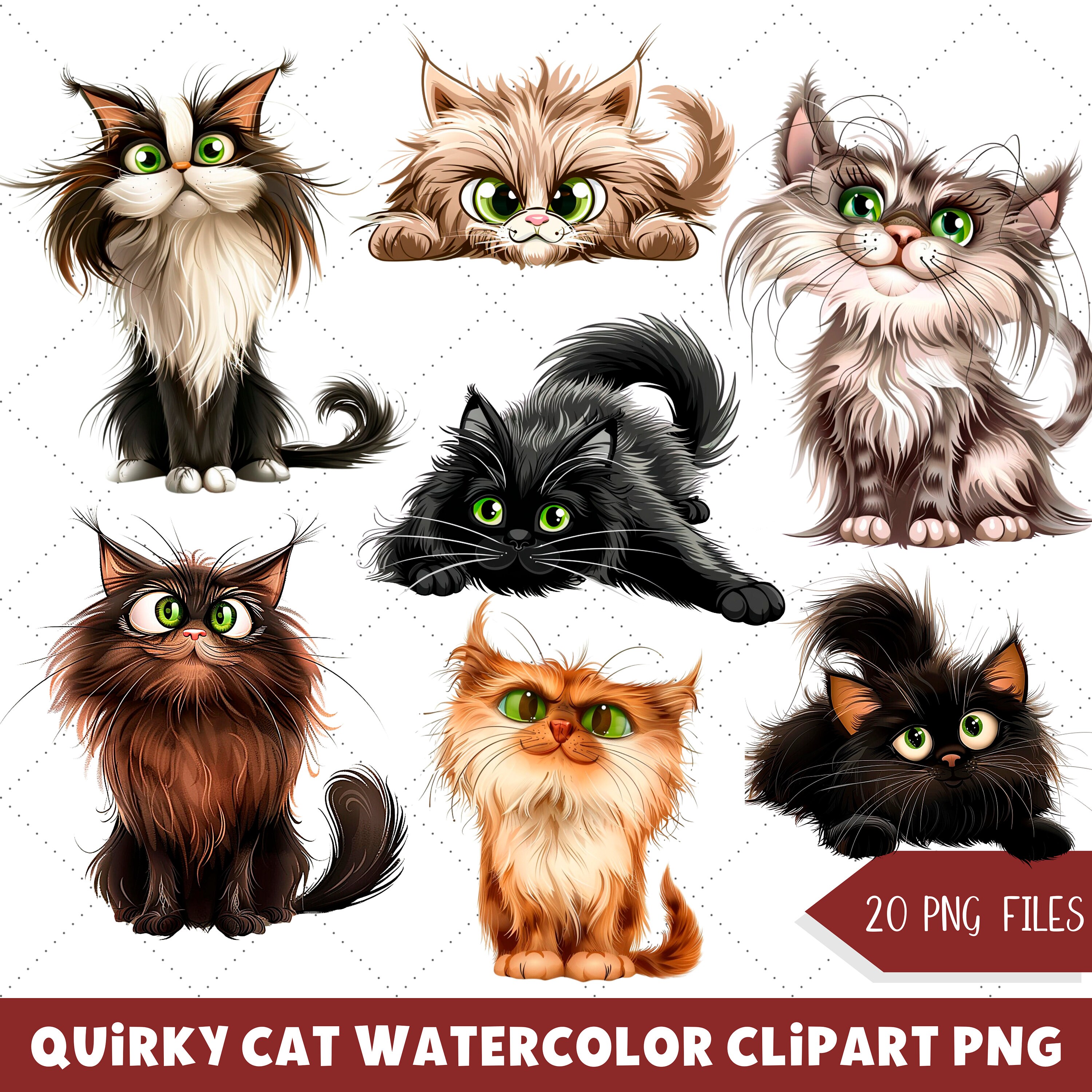Quirky Cat Png, Adorable Watercolor Clipart Set for Printable Crafts ...