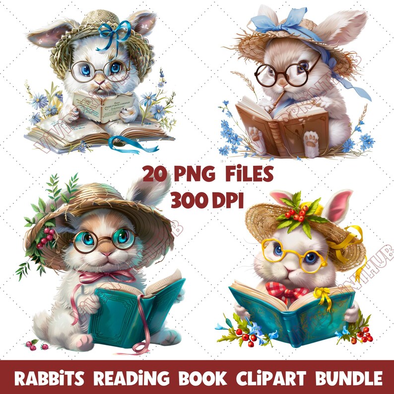 Cute Bunny Reading Clipart Bundle 20 PNG Files for Teaching Aids Book ...