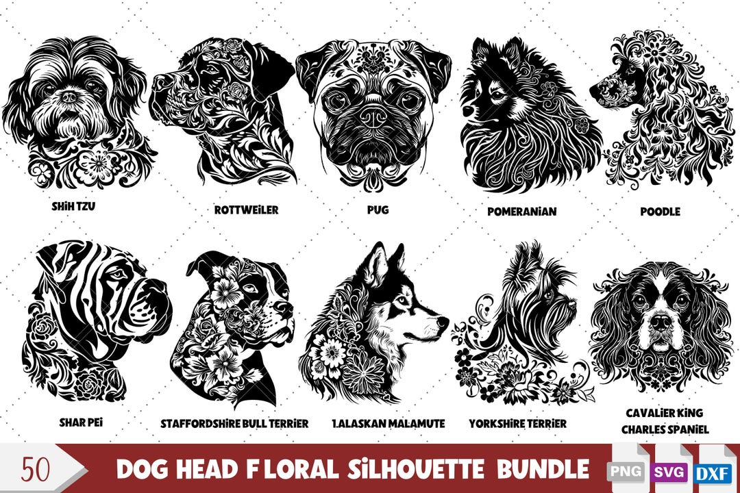 50 Dog Breeds SVG Bundle, Most Popular Floral Dog SVG Files for Cricut ...