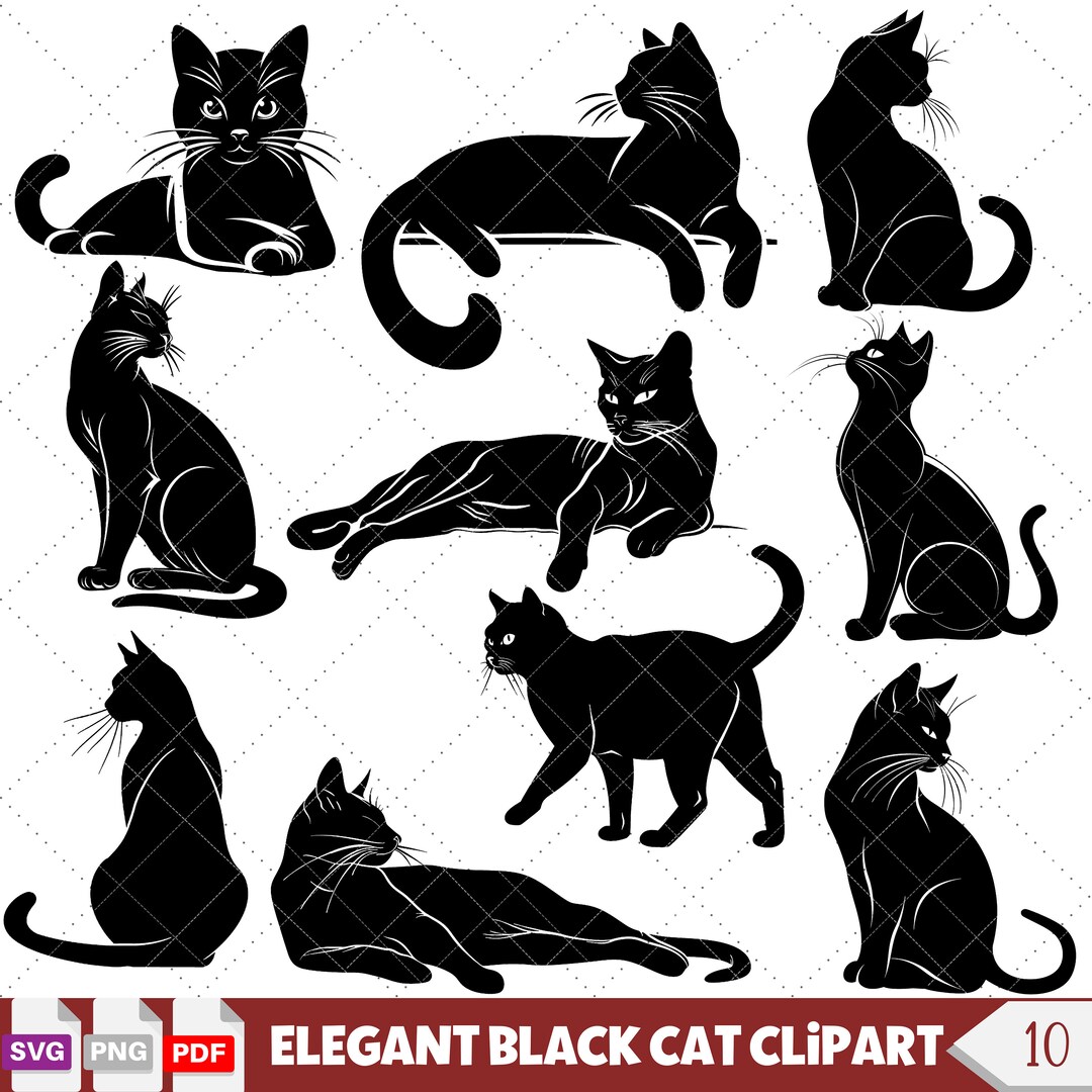 Black Cat Silhouette Clipart - 10 Kitten PNG SVG Files, Laser Cut Files ...