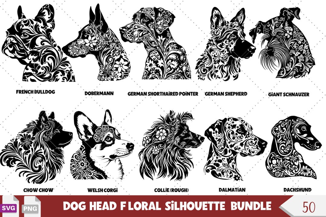 50 Most Popular Dog Heads PNG & SVG Bundle Lovely Dog Breeds SVG Floral ...
