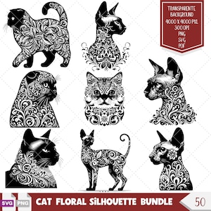 Cat Silhouette SVG Bundle 50 Floral Cat Breeds Vectors, Black Cat Svgs for Crafting ...