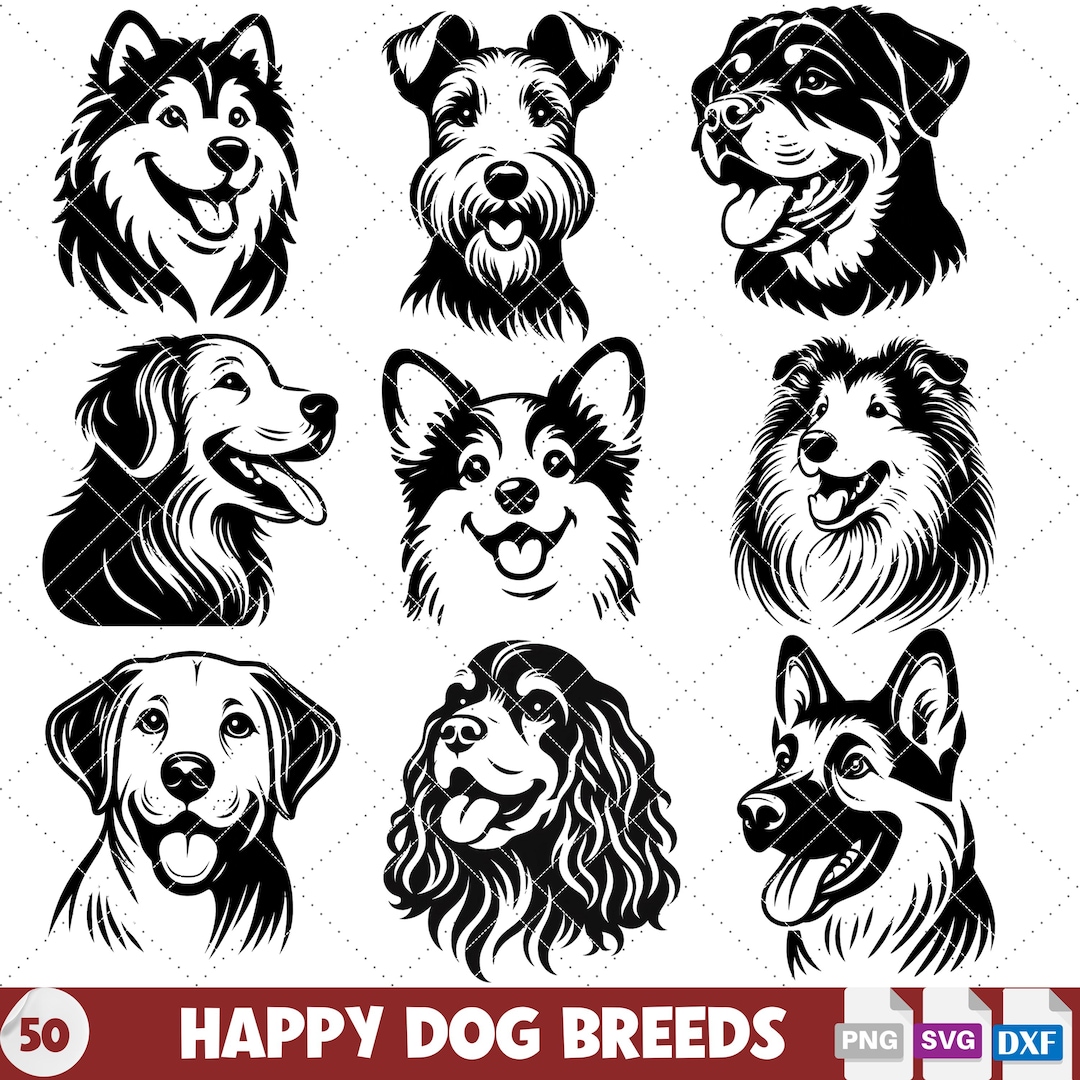 Dog Breeds SVG 50 Happy Dog Breeds Silhouette Bundle Vector Art for ...