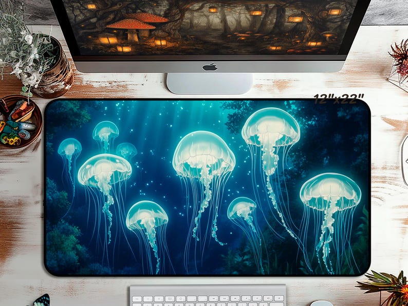 Colorful Jellyfish Desk Mat | Green Retro Anime Mouse Pad | Ghibli ...
