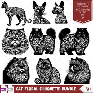 Cat Silhouette SVG Bundle 50 Floral Cat Breeds Vectors, Black Cat Svgs for Crafting ...