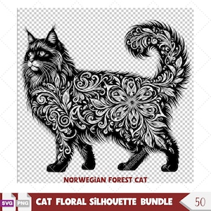 Cat Silhouette SVG Bundle 50 Floral Cat Breeds Vectors, Black Cat Svgs for Crafting ...