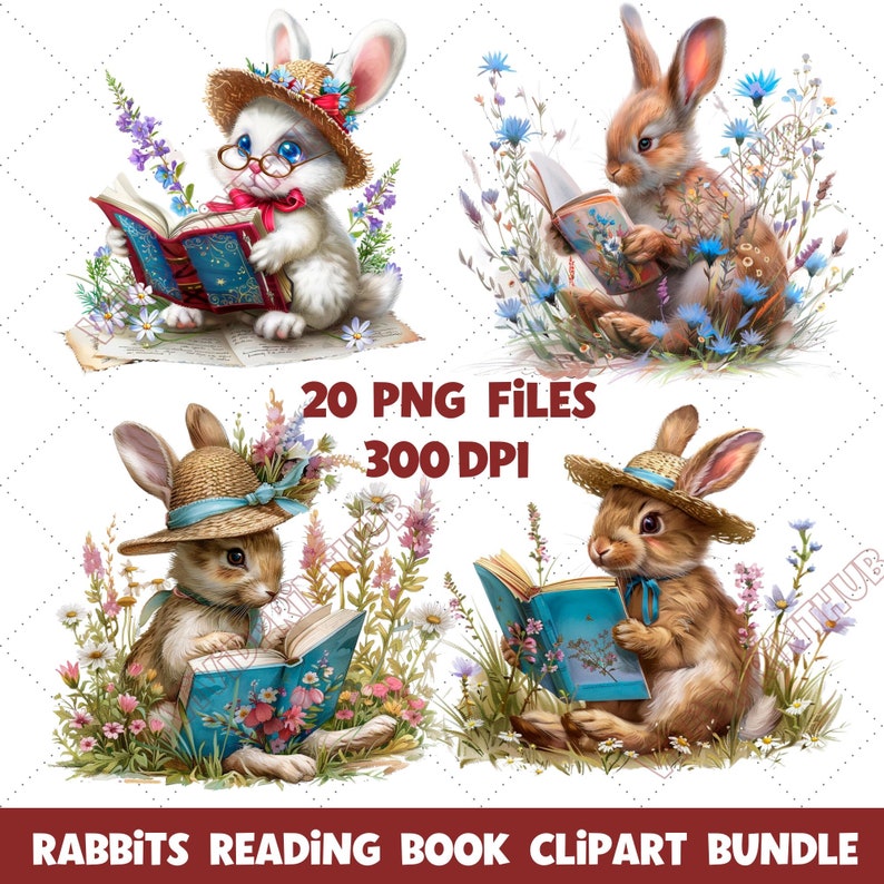 Cute Bunny Reading Clipart Bundle 20 PNG Files for Teaching Aids Book ...
