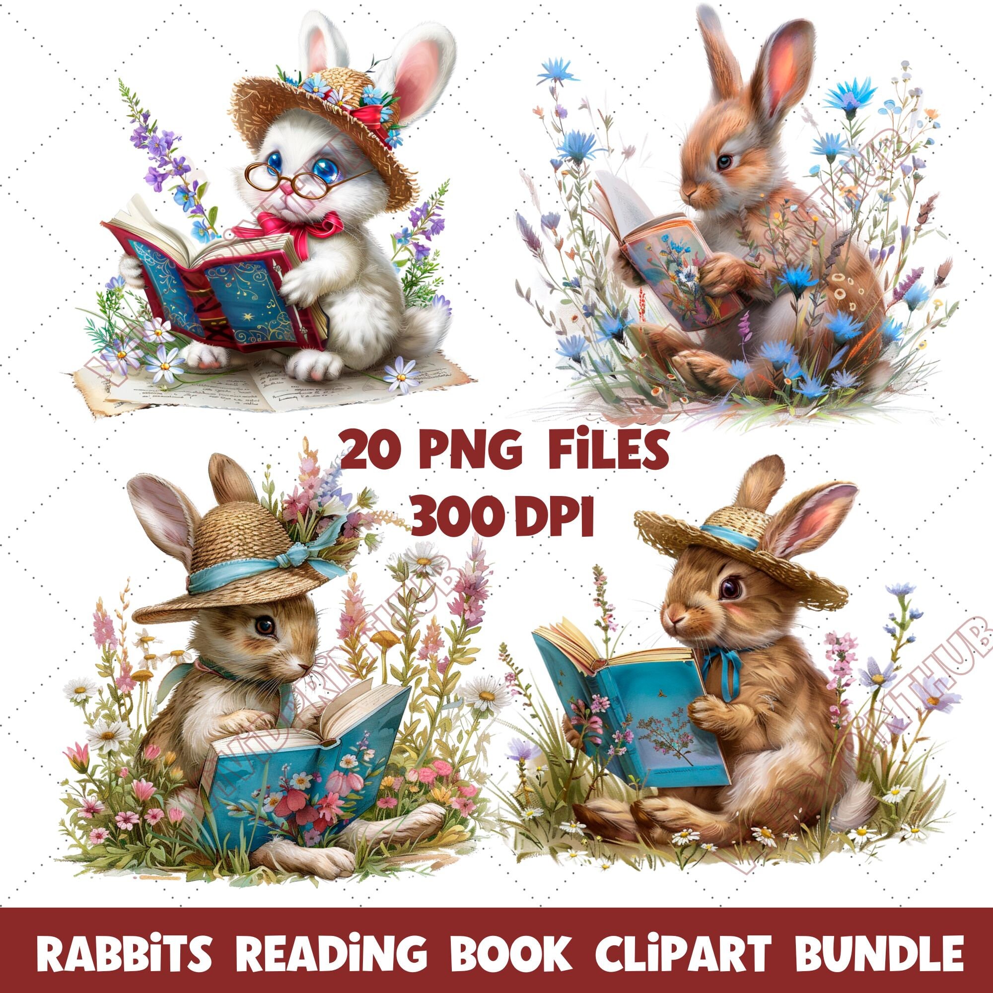 Cute Bunny Reading Clipart Bundle. 20 PNG Files. Bunny PNG Files for ...