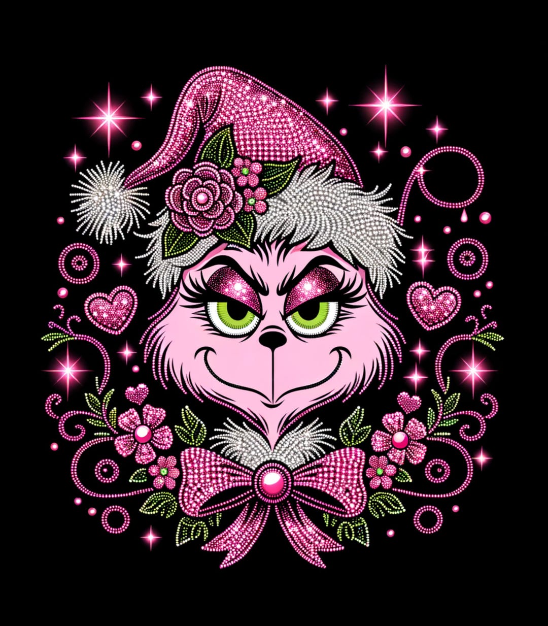 Pink Grinch PNG, Rhinestone Christmas Design, Bows and Stars PNG - High ...