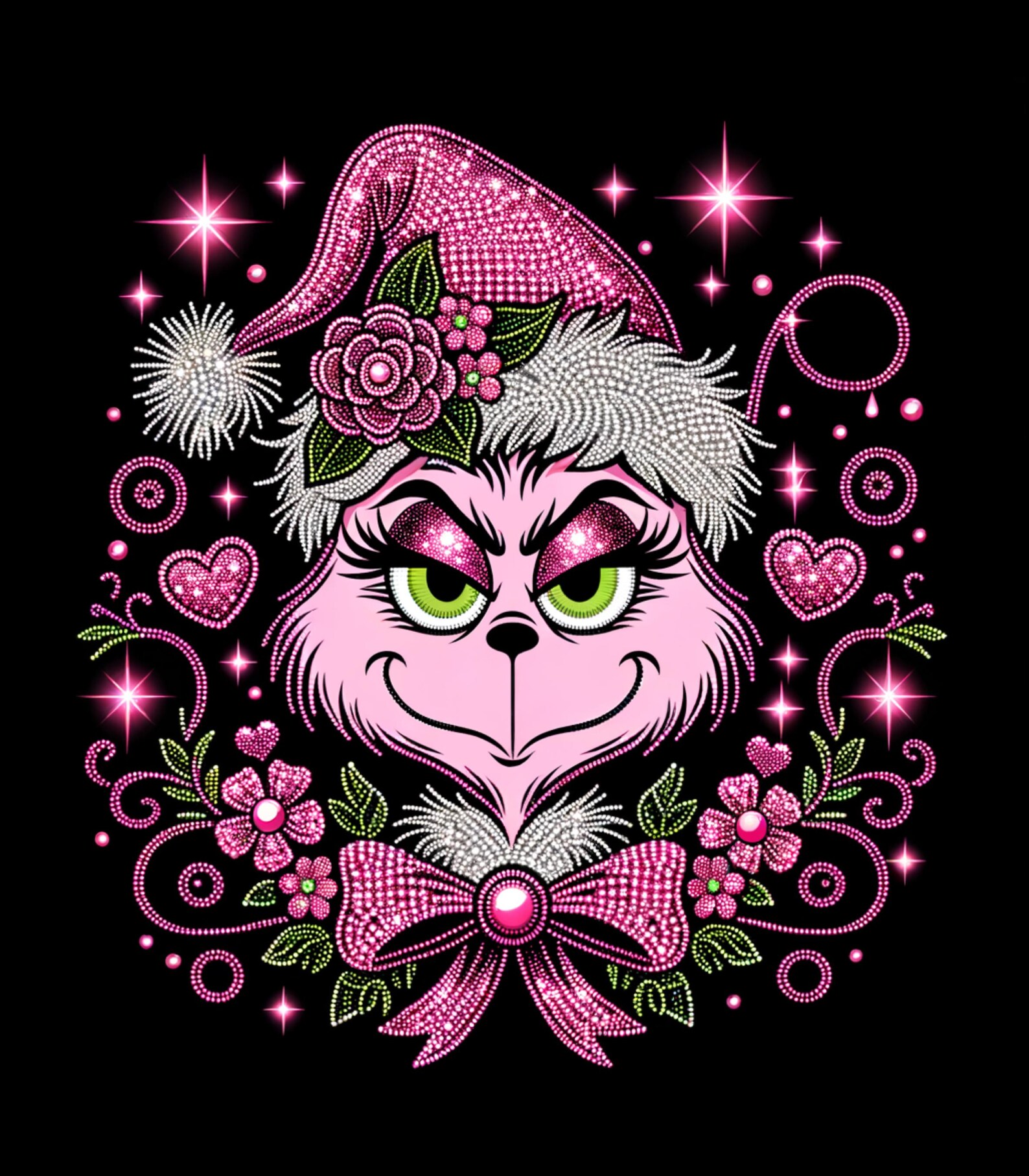 Pink Grinch PNG, Rhinestone Christmas Design, Bows and Stars PNG - High ...