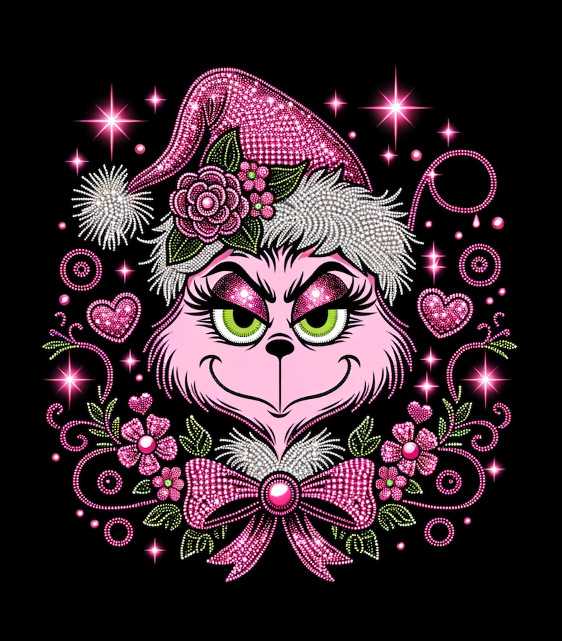 Pink Grinch PNG, Rhinestone Christmas Design, Bows and Stars PNG - High ...