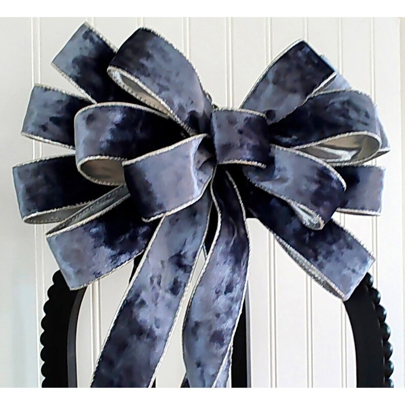 Large Blue Velvet Bow With Silver Lining: Wired Ribbon Decor (10x24in ...