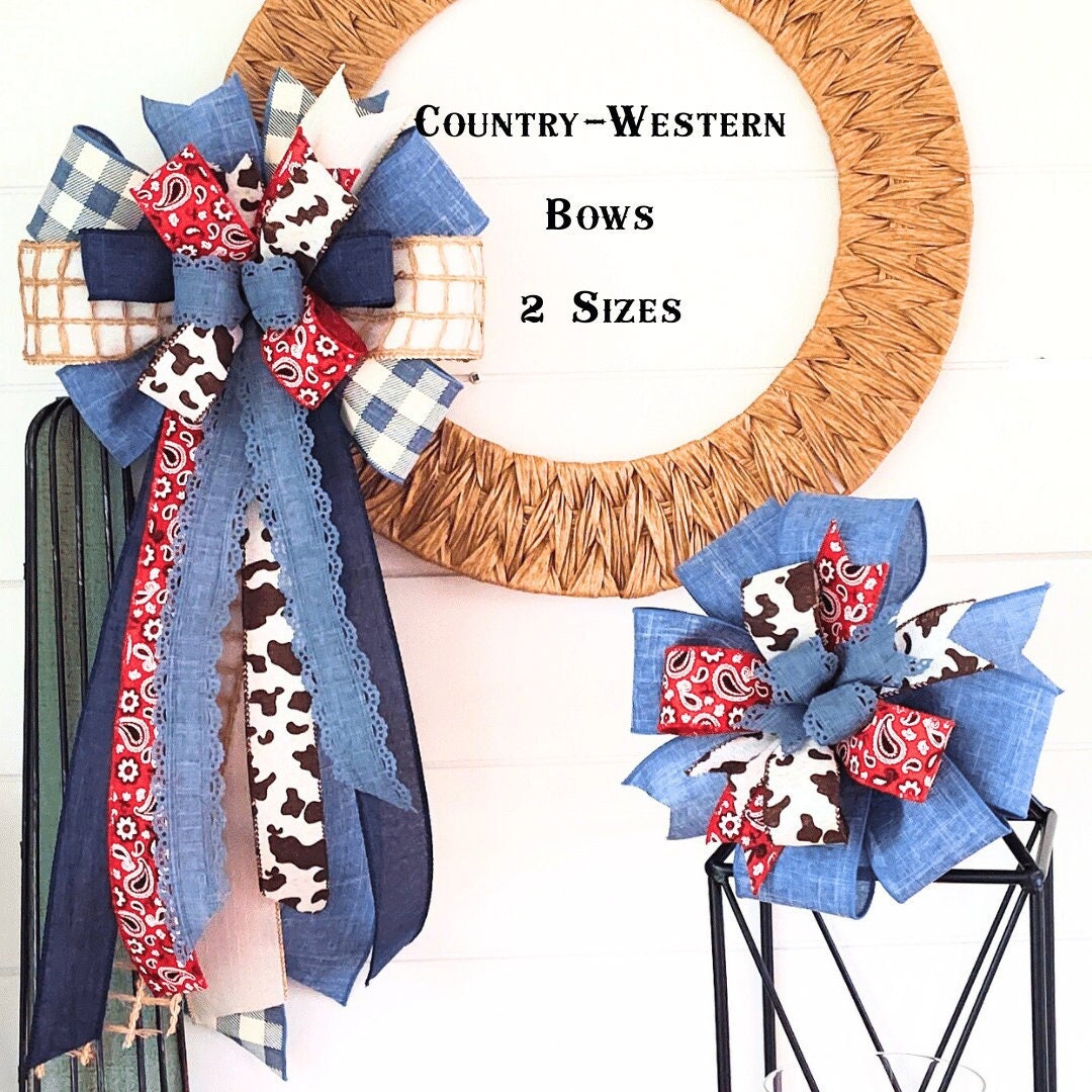 Country Western Wreath Bow: Denim, Bandana & Cow Print - Etsy