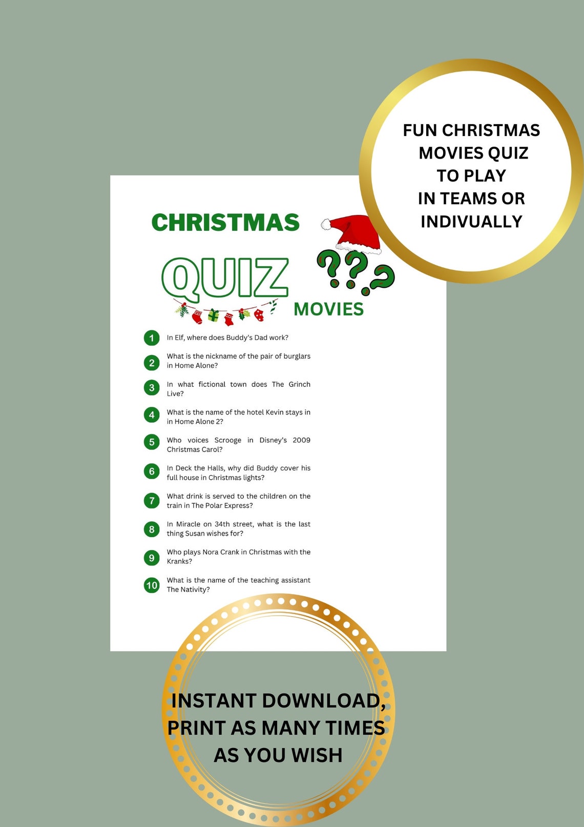 Christmas Movie Quiz | Printable Quiz | Christmas Movie Game | Family ...