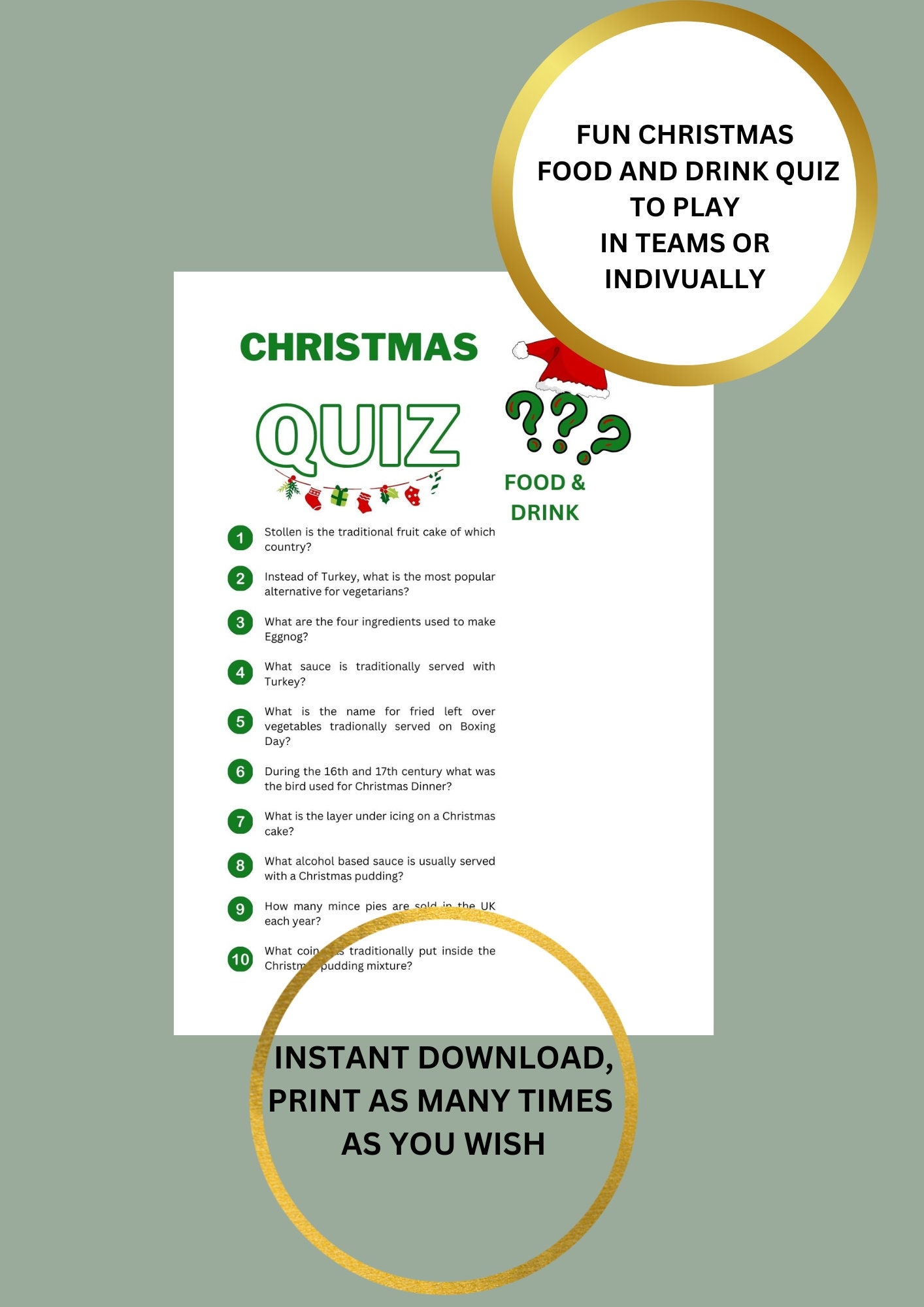 Printable Quiz Christmas Quiz Food and Drink Quiz Family Fun Game ...