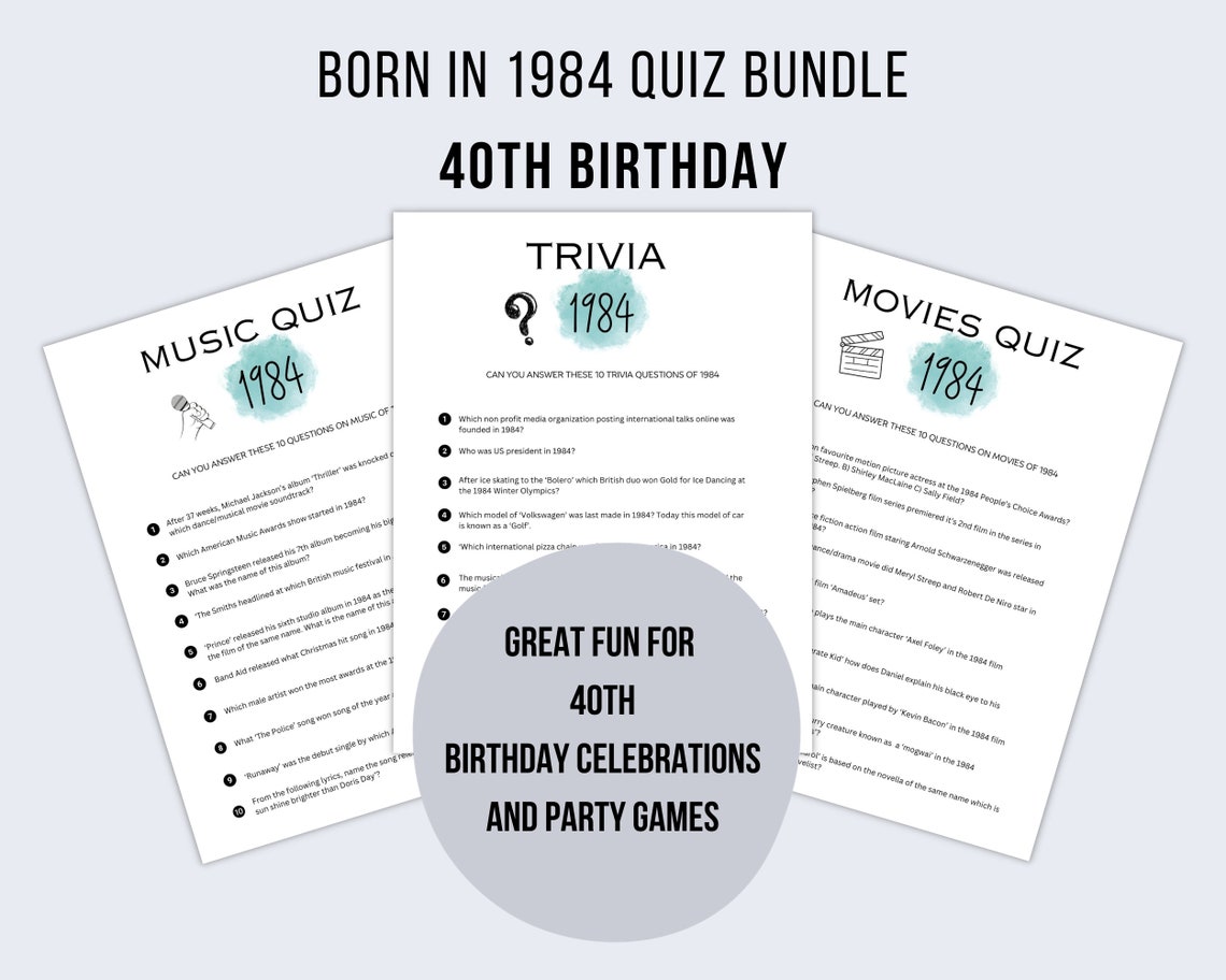 40th Birthday Quiz Bundle | 40th Birthday Party | Born in 1984 Trivia ...
