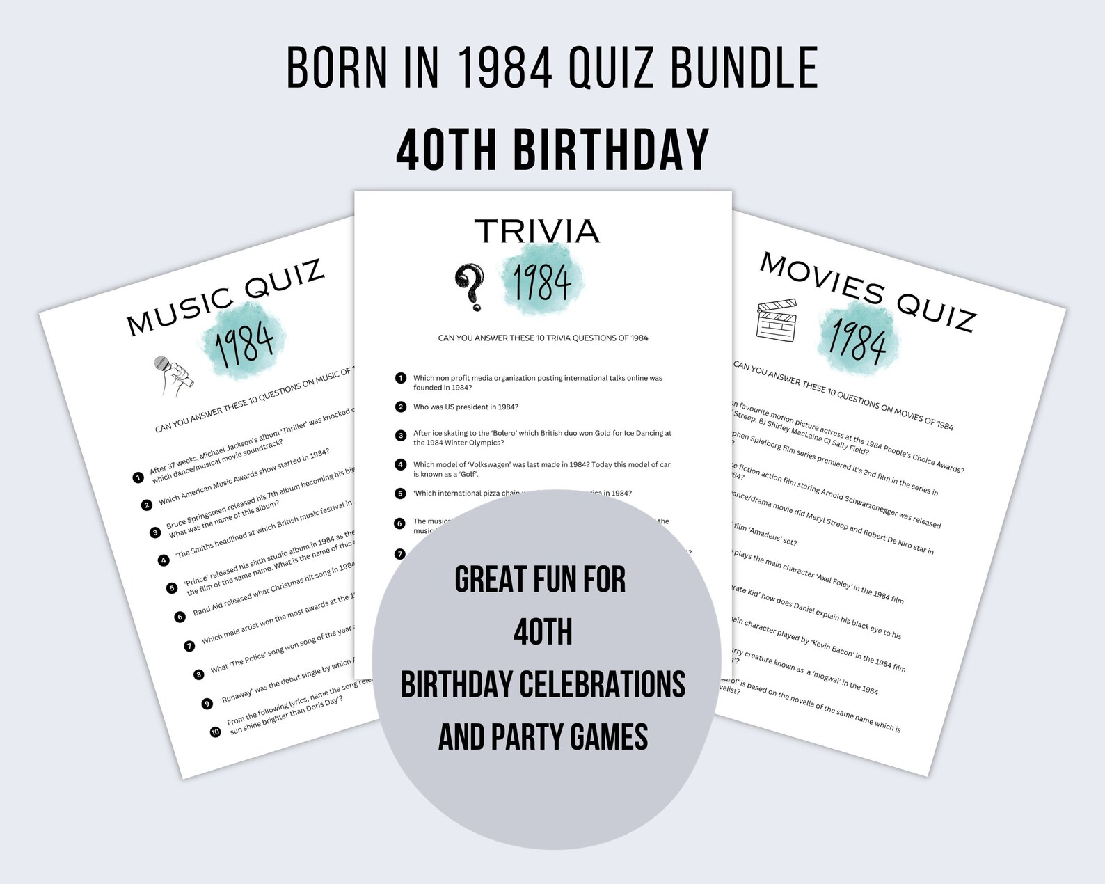 40th Birthday Quiz Bundle | 40th Birthday Party | Born in 1984 Trivia ...